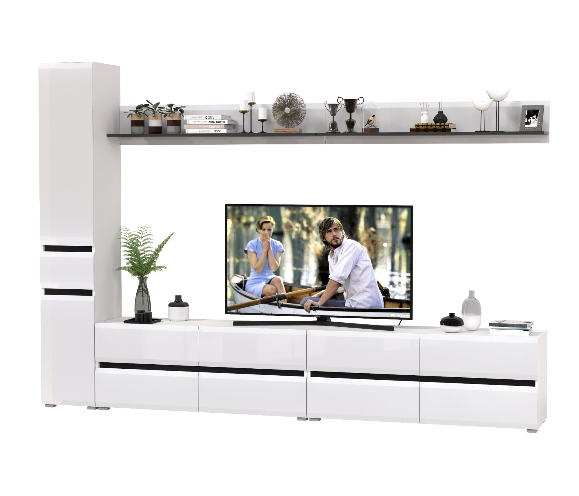 Стенка Моби Сидней Моби Сидней № 105, цвет белый/чёрный/МДФ белый глянец, 294,8х41,3х205,2 см.