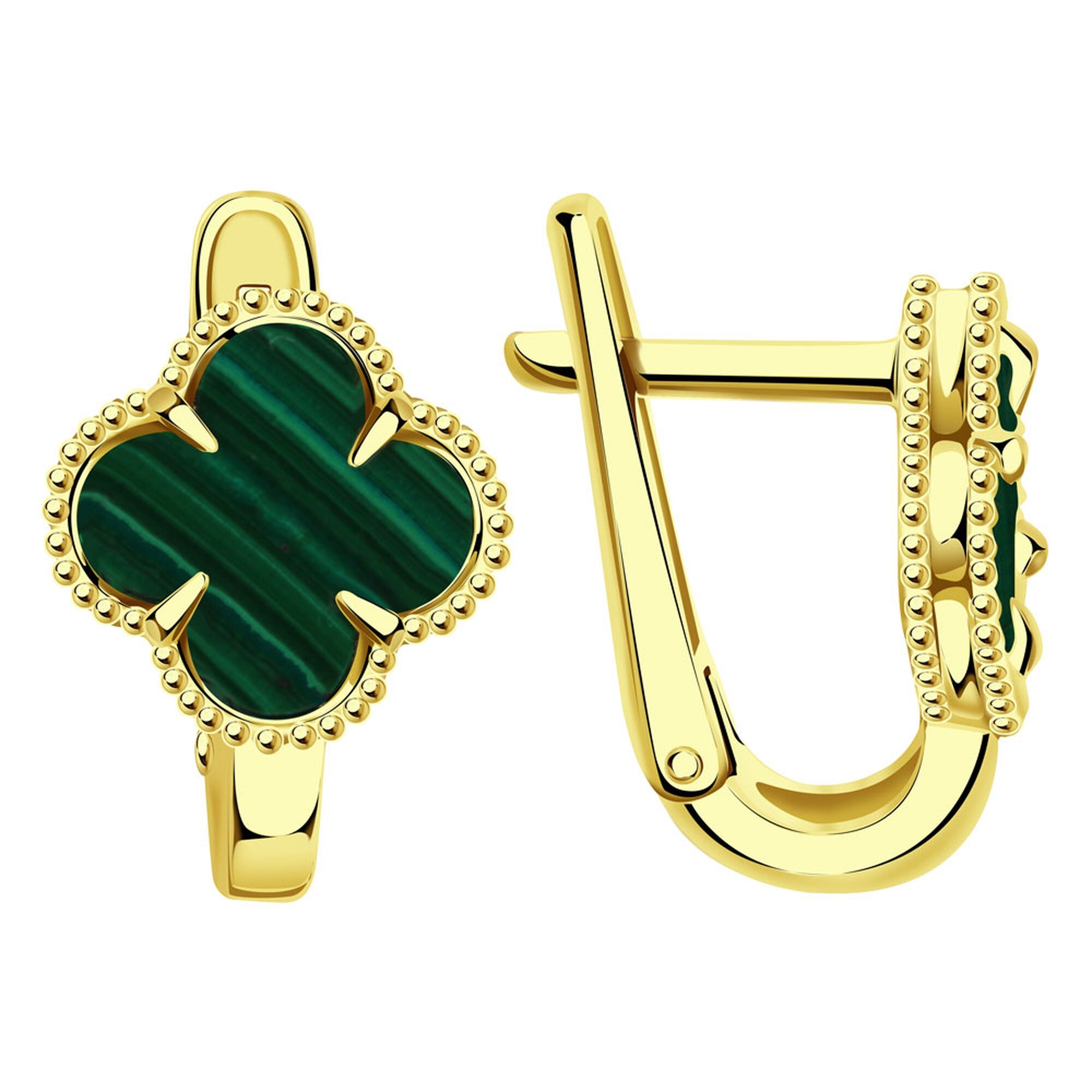 Серьги, желтое золото, 585 проба, малахит