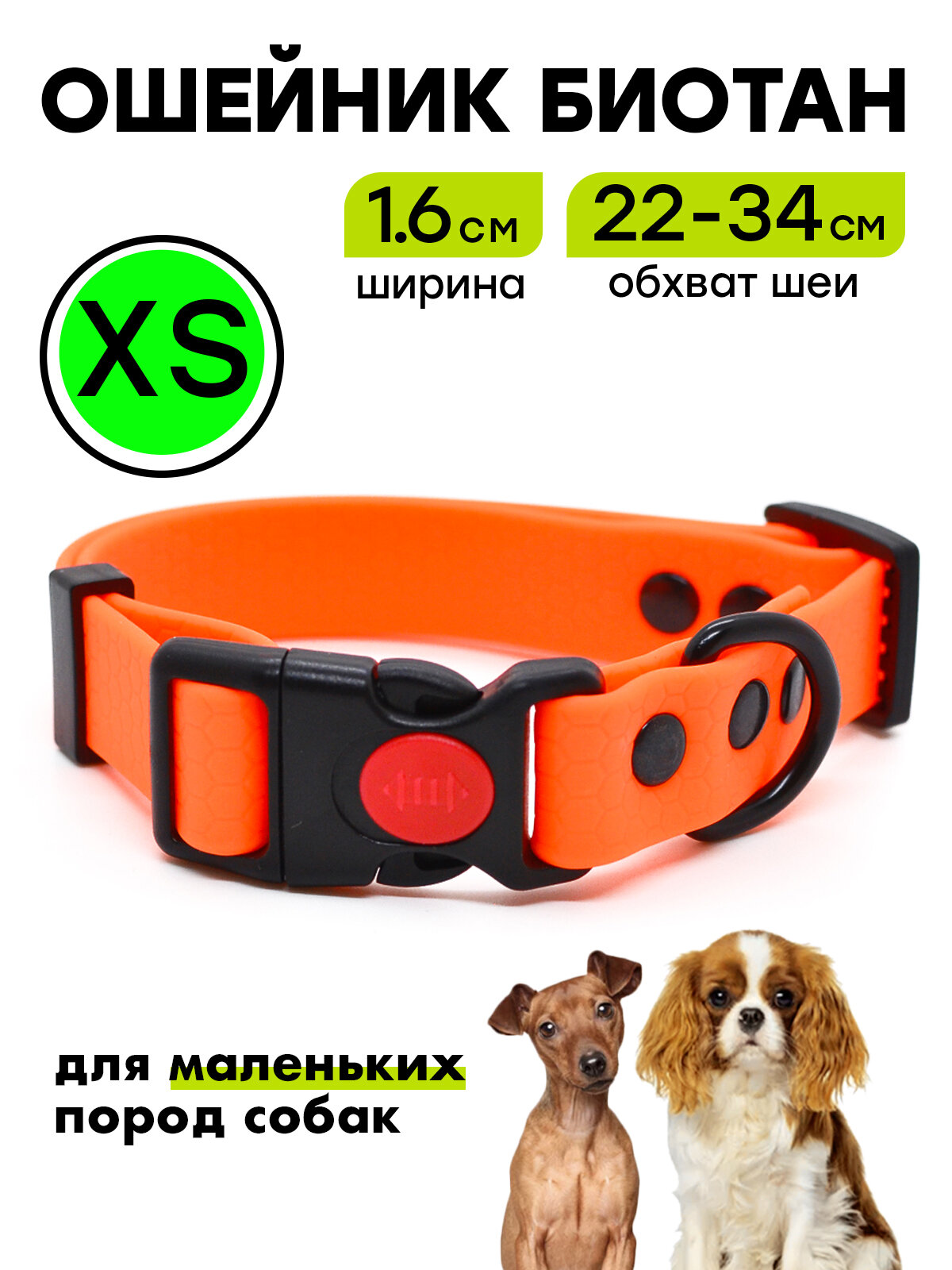 Ошейник из биотана 22-34 см (XS), 16 мм , Woofy "Iron", для маленьких собак, водостойкий, оранжевый