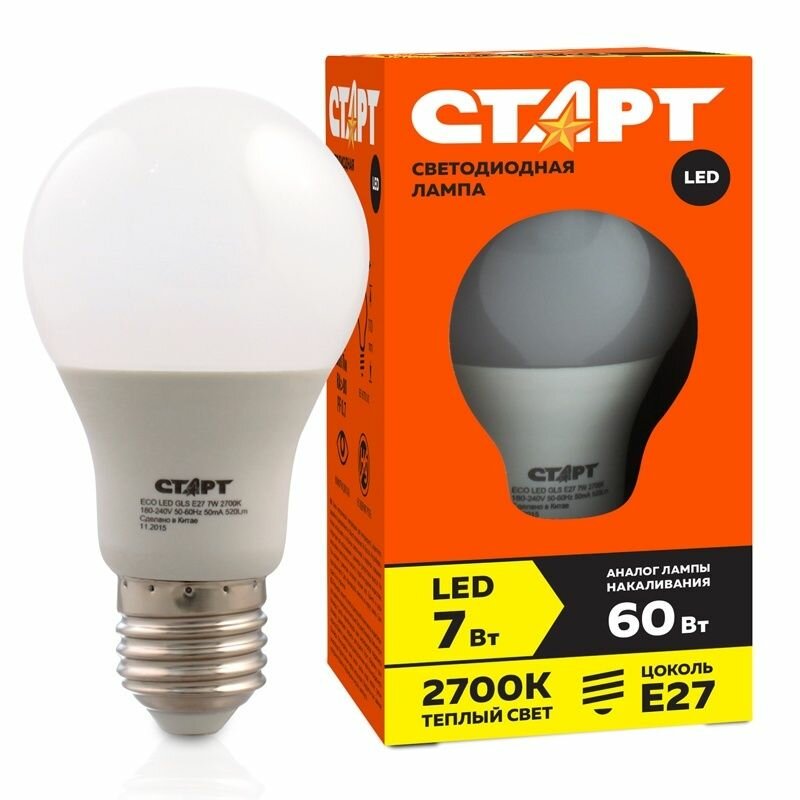 Лампа светодиодная Старт LED, серия ЭКО 7W30, тип А груша, E27, 2700К, теплый свет, 15000 ч