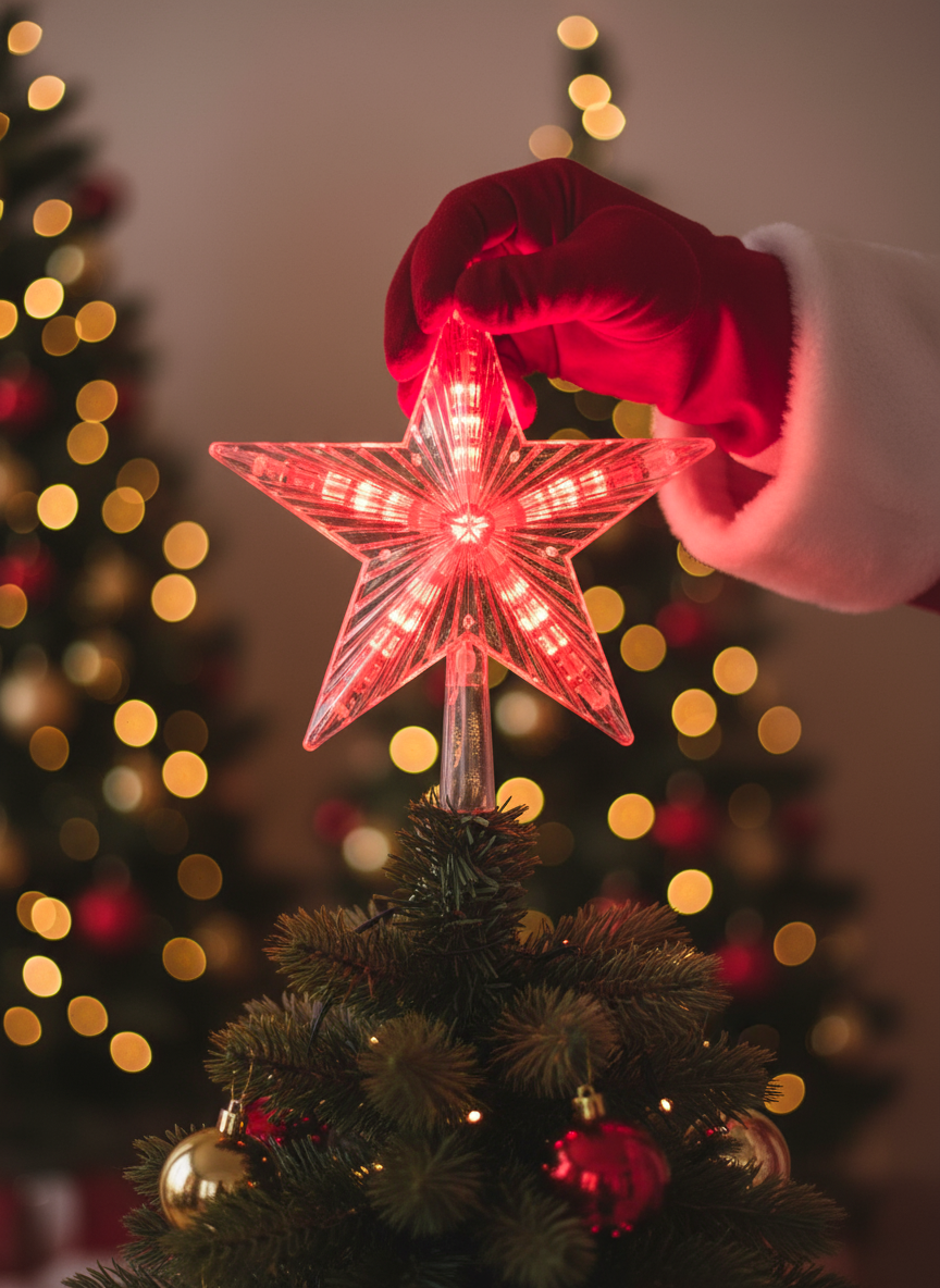 Наконечник на ёлку - Звезда светодиодная, мерцающая, красная, прозрачный корпус, 30 LED, размер: 22*22 см (коробка)