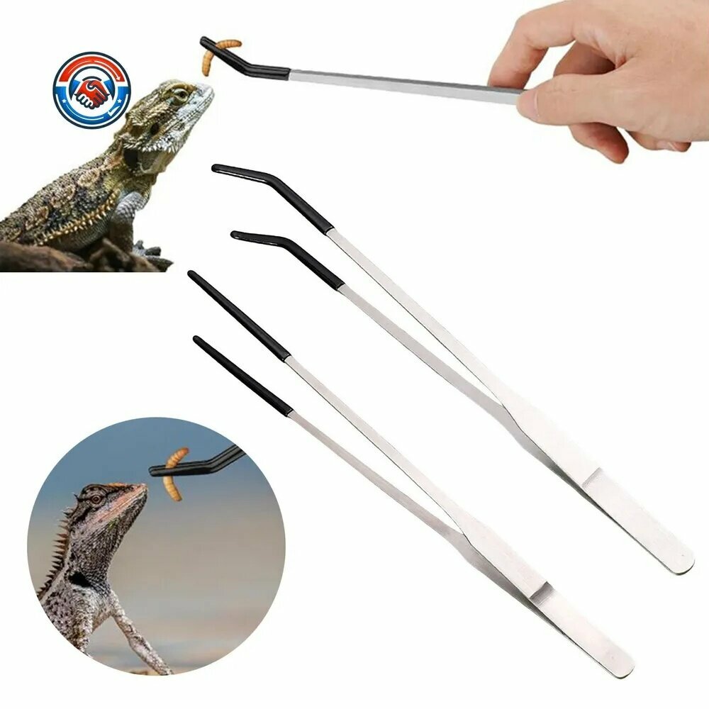 Щипцы для кормления рептилий и аквариумных рыбок, прямые и изогнутые, 27 см, нержавеющая сталь, с резиновыми наконечниками, набор из 2 шт, удобный захват и защита питомцев