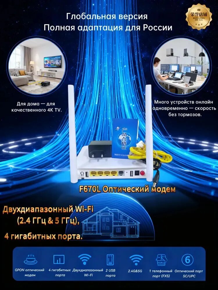 GPON ONT роутер F670L Оптический порт SC/UPC Двухдиапазонный Wi-Fi 5, 4xGbE, IPTV, VoIP