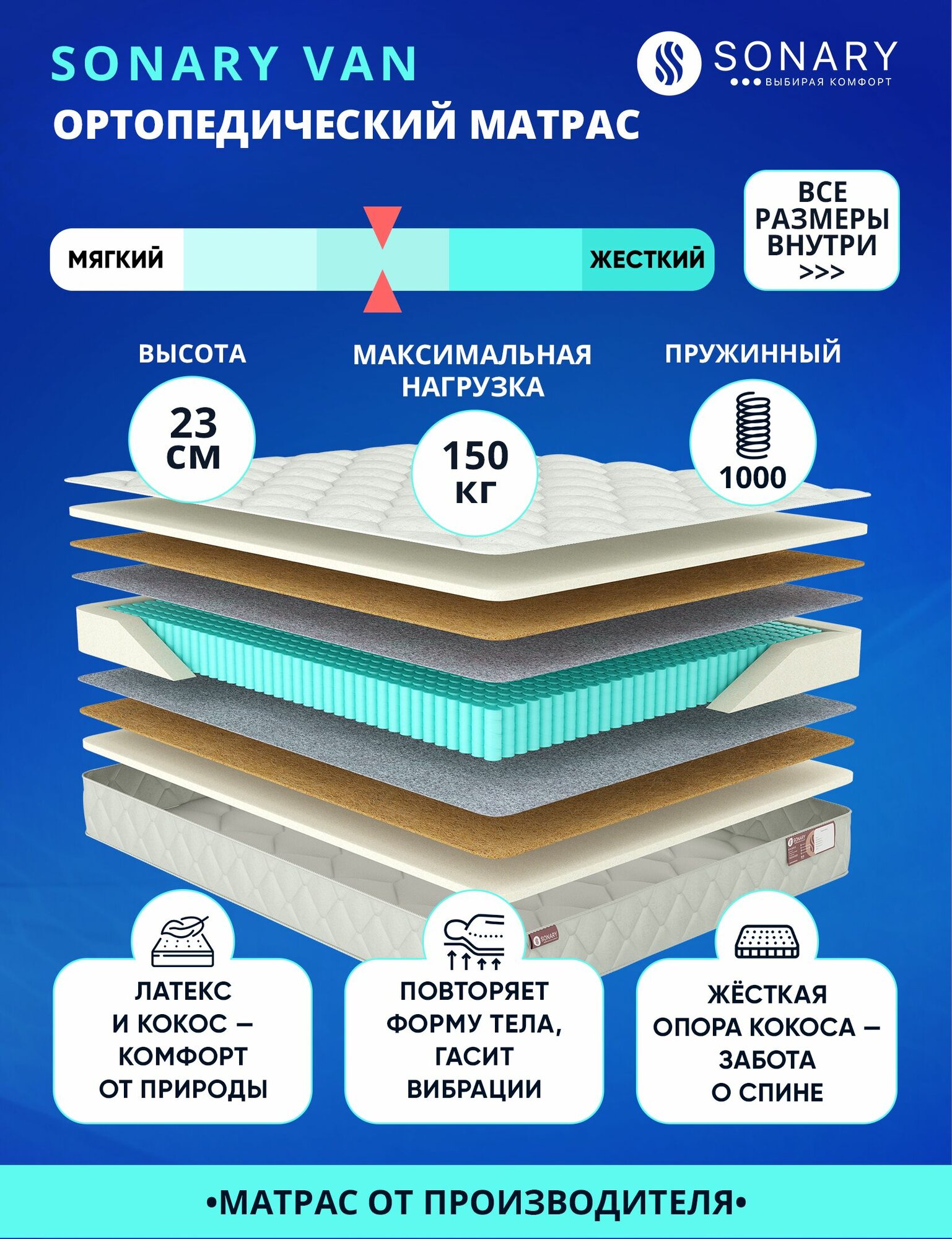 Матрас Sonary Van 65х220 серии Flow высота 23 см анатомический средней жесткости кокосовый латексный Независимые пружины
