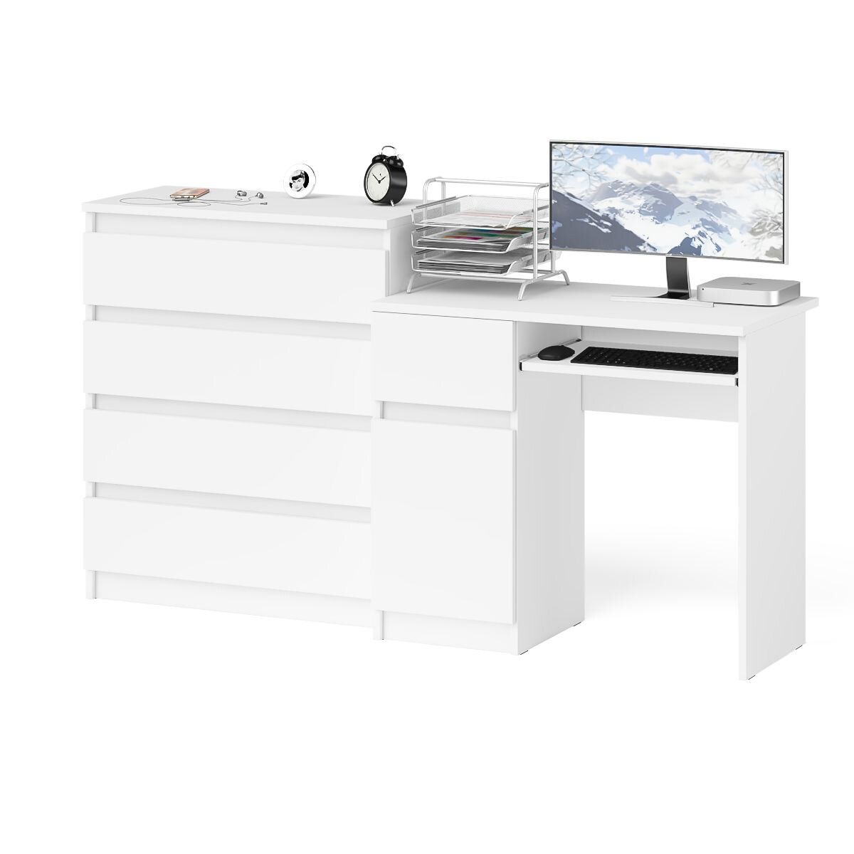 Стол компьютерный СВК Мори МС1 левый с комодом 4-ре ящика цвет белый, 170,4х50х94 см.