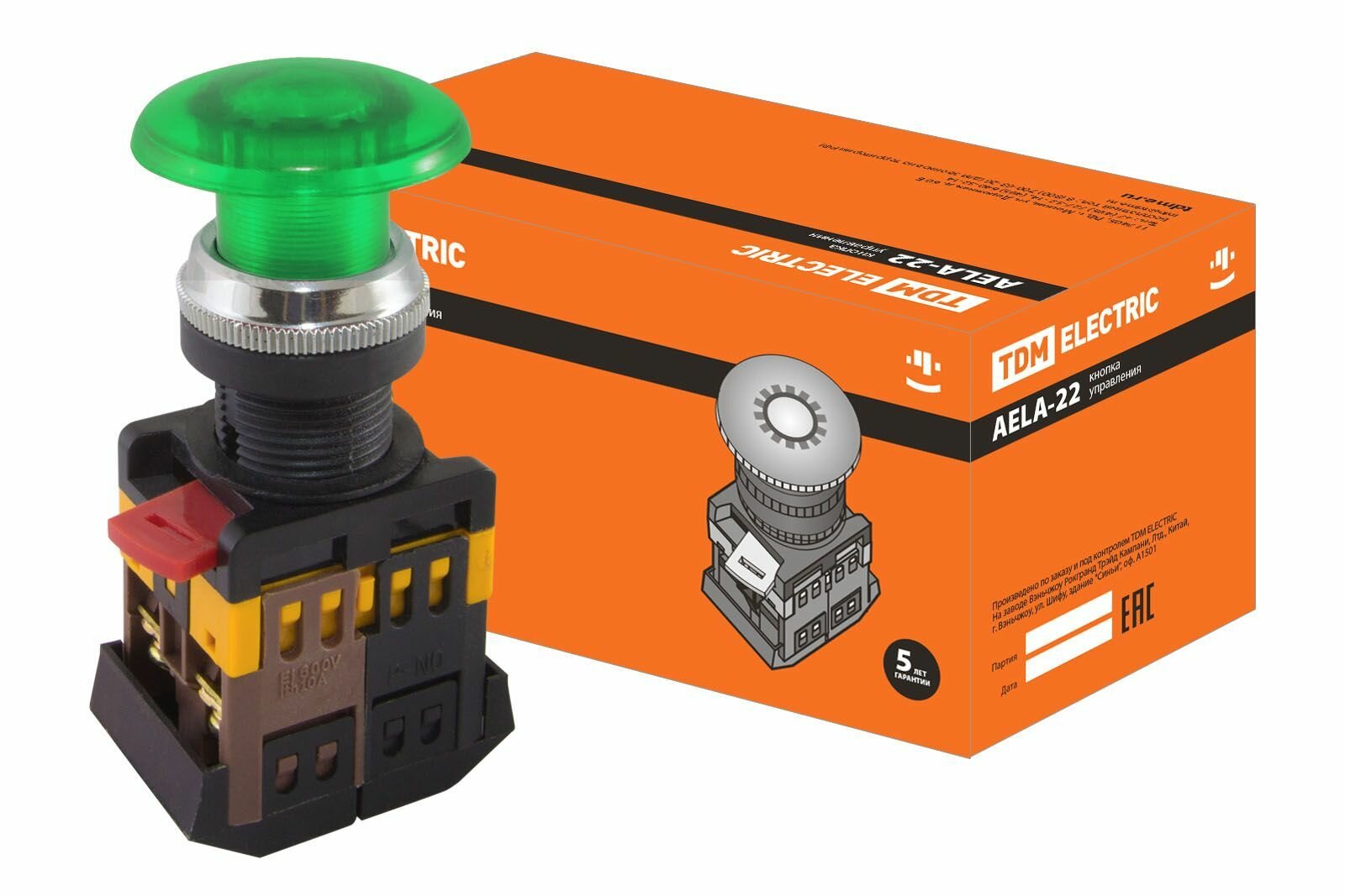 Кнопка AELA-22 Грибок зеленый с подсветкой неон 230В 1з+1р