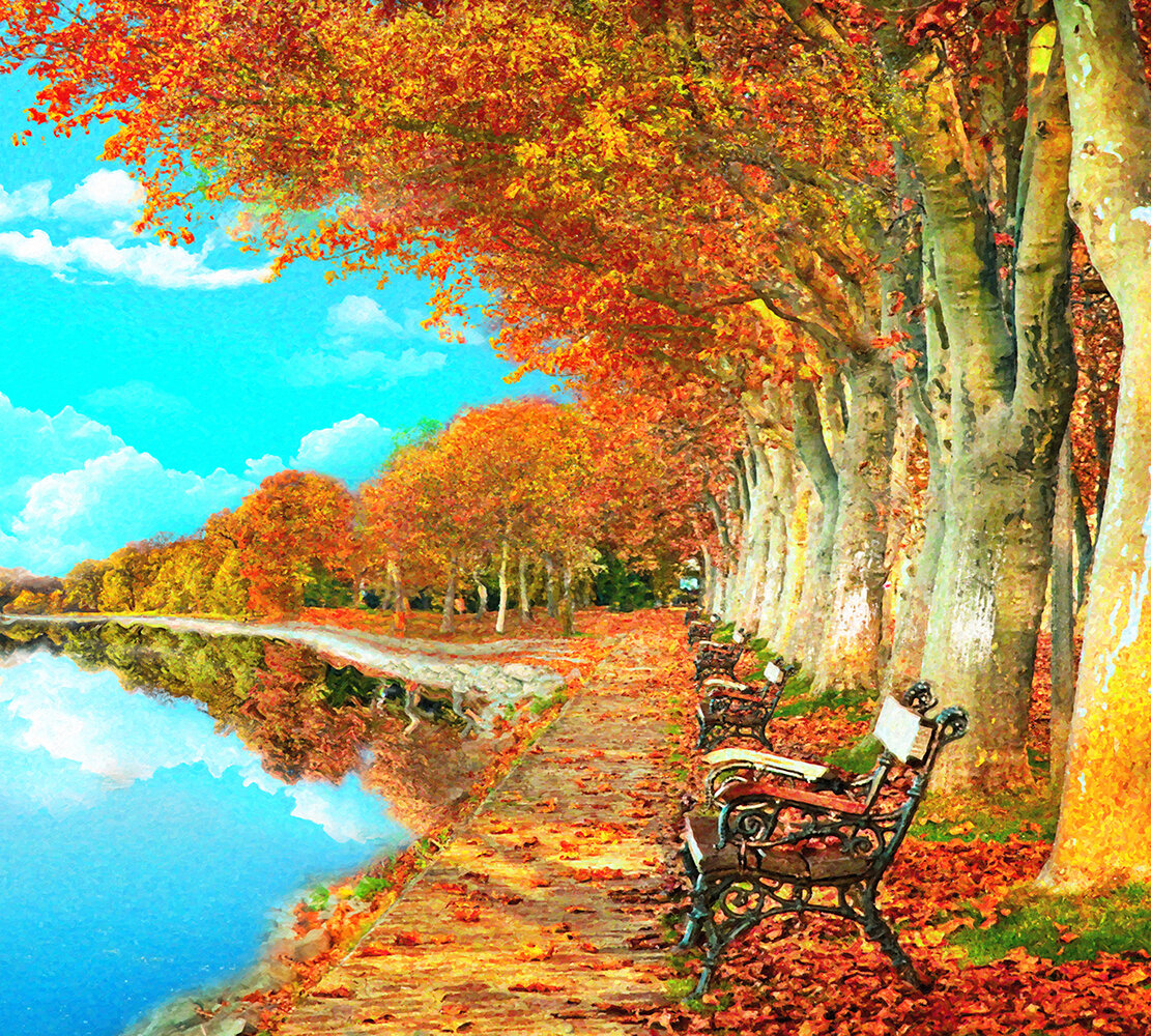 Фотообои Divino Decor "Осенний пруд" L-035 300*270 фактура холст