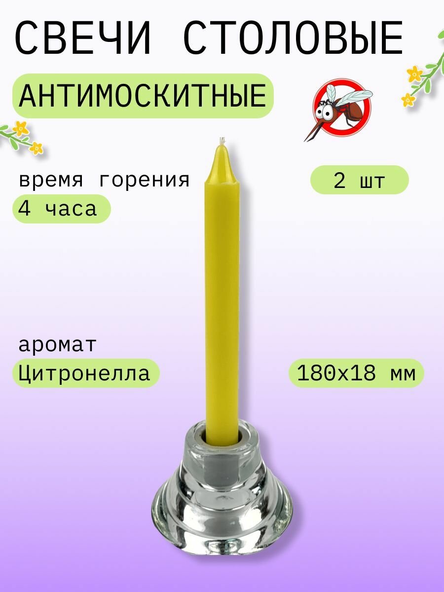 Свеча столовая/столбик 18х1,8 см, антимоскитная, с запахом "Цитронеллы", время горения: 4 часа. 2 шт.
