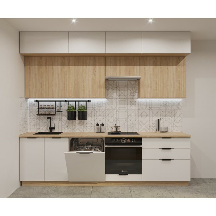 Кухонный гарнитур трёхуровневый в потолок «фаска 15», 2800×600 мм, цвет тальк/дуб сонома