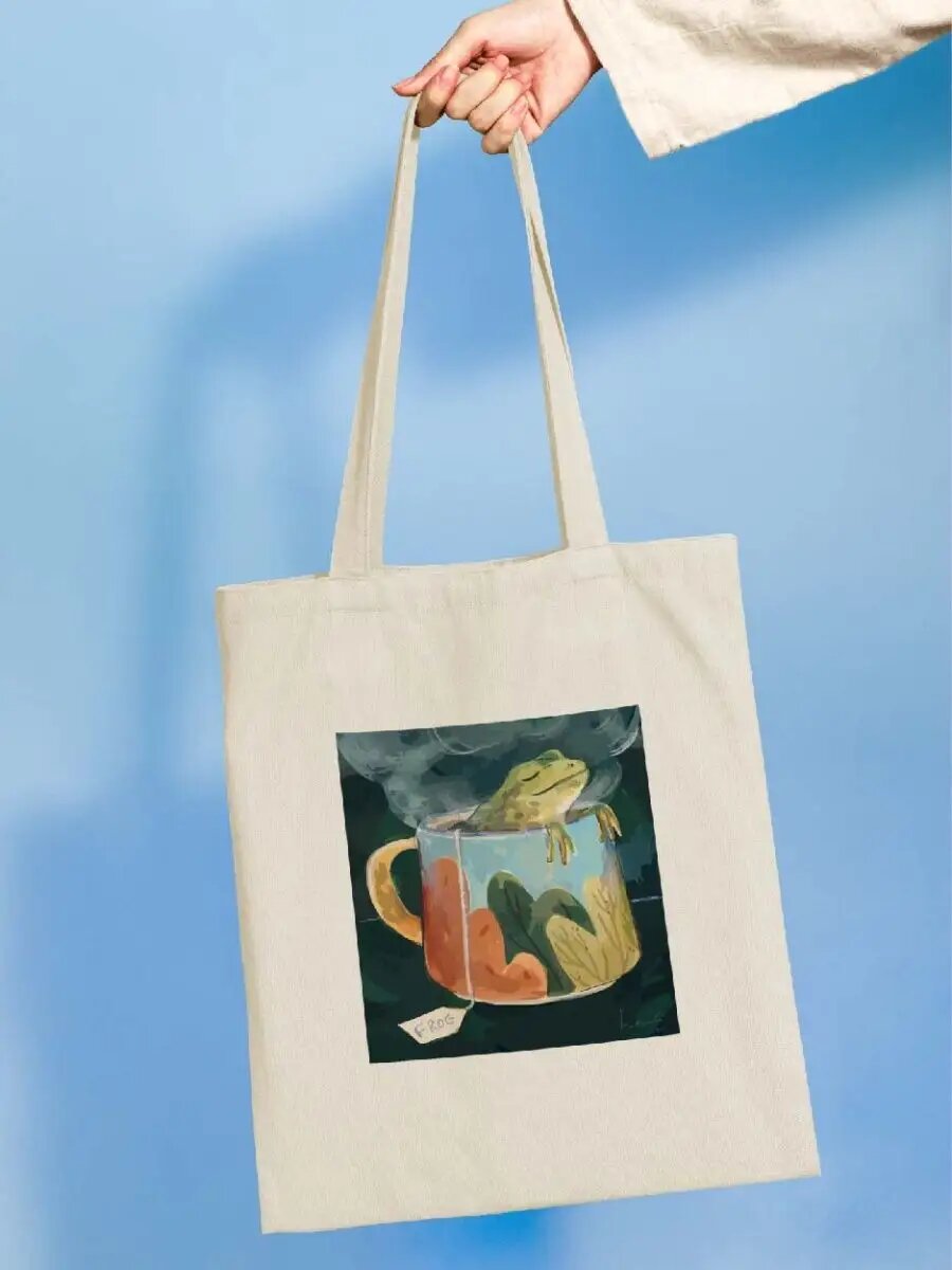 Сумка шоппер  на плечо женская холщевая с принтом Лягушка
