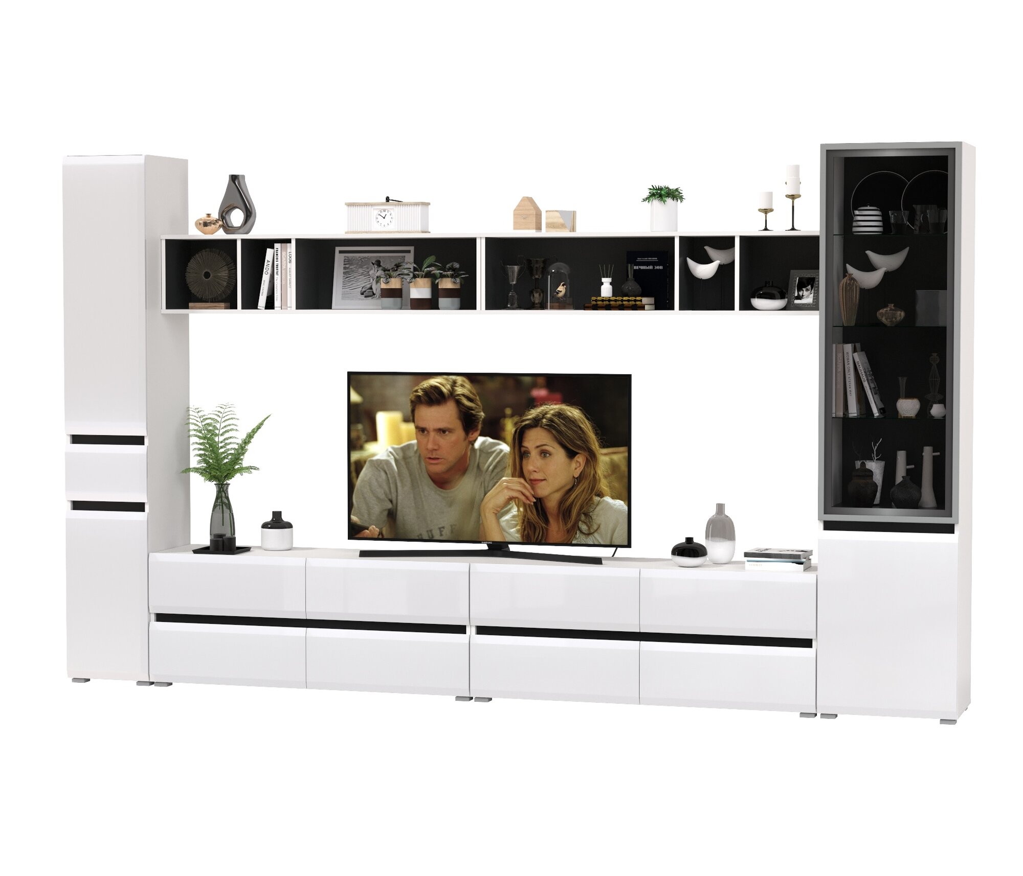Комплектация в гостиную Моби Сидней № 81, цвет белый/чёрный/МДФ белый глянец, 345х41,3х205,2 см.