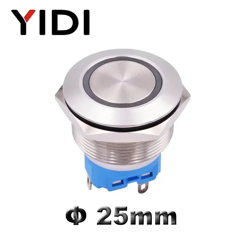 Кнопочный переключатель YIDI 25 мм, нержавеющая сталь, 12-24V, синий LED