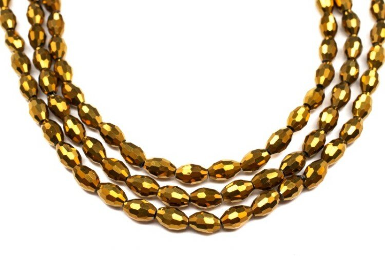 Бусина стеклянная граненая овальная 6х4мм, цвет золото, гальваническое покрытие, 547-010, 1 нить (около 33см, около 55шт)