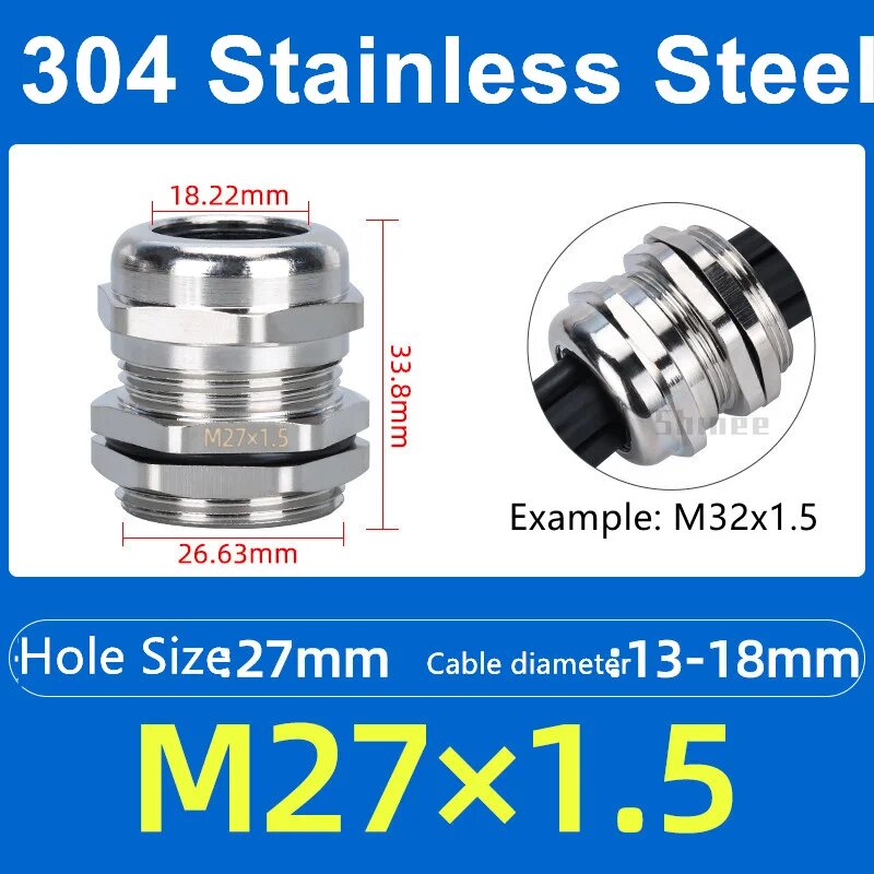 Водонепроницаемый кабельный ввод из нержавеющей стали 304 IP68 PG7 PG9 M12 M16 M27x1.5 fit 13-18mm
