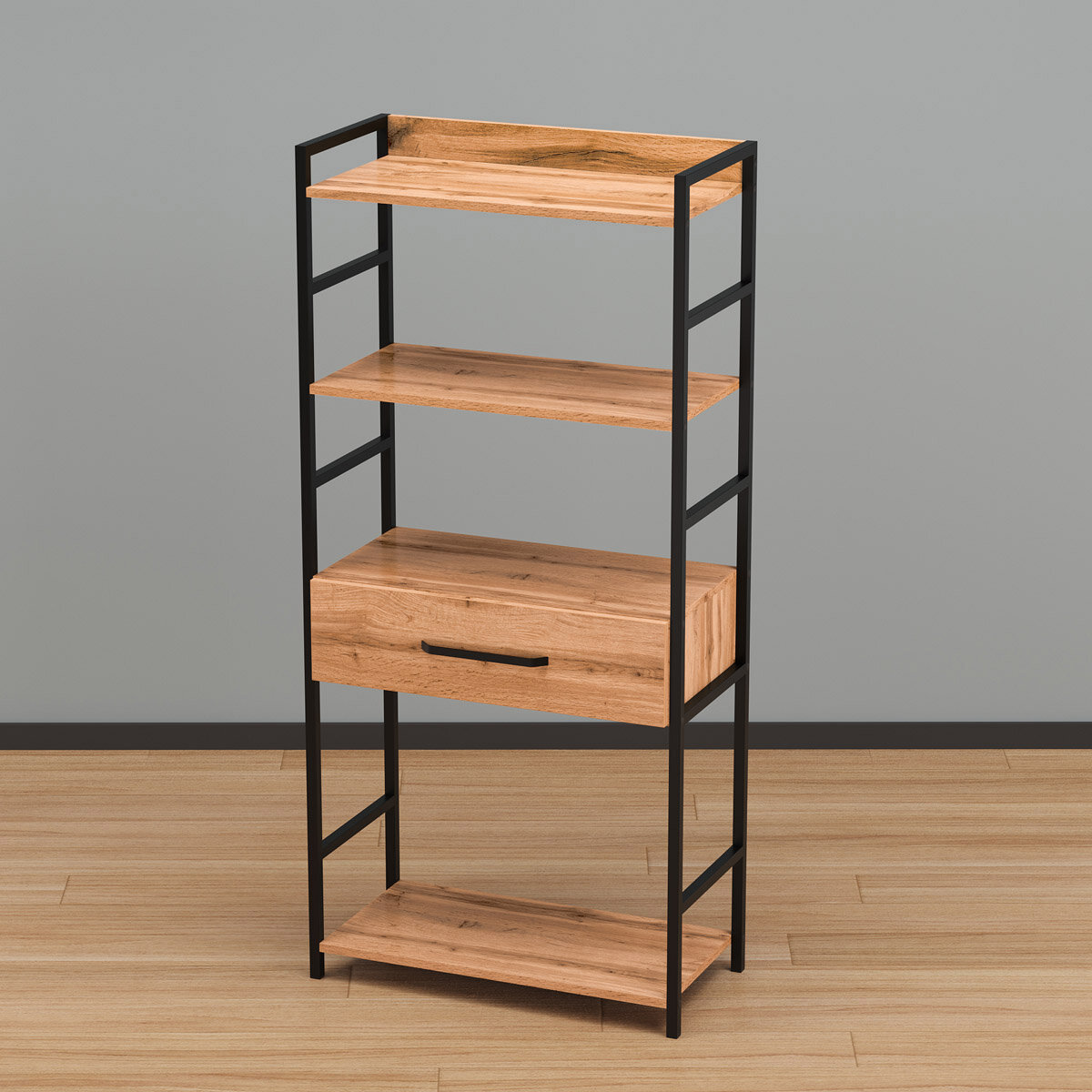 Книжный шкаф-стеллаж с ящиком на металлических стойках Сусар 4В дуб Вотан ш70/г34/в150