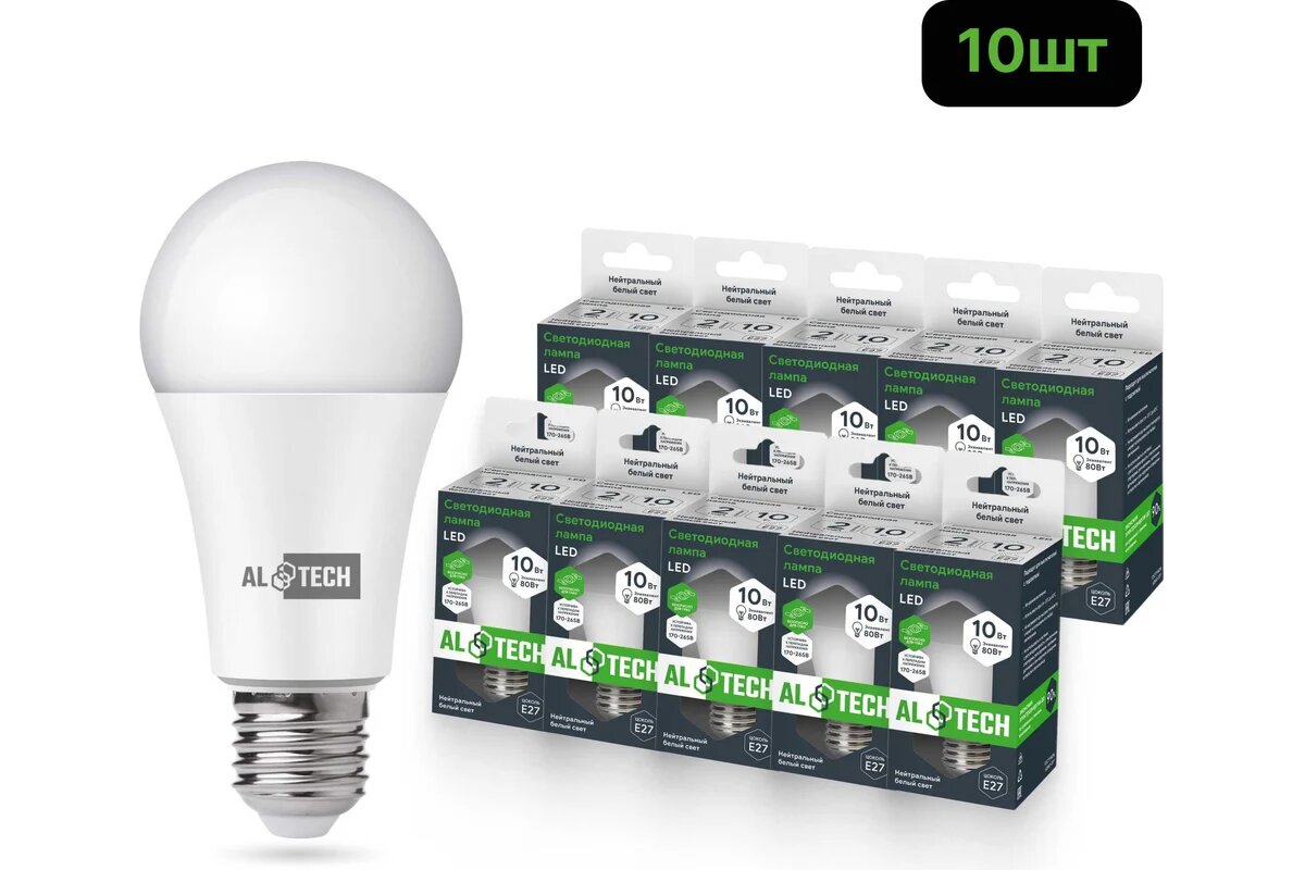 ALTECH Лампочка светодиодная LED Р60-10W-840-E27 10Вт груша нейтральный белый свет 10шт 4673758071347