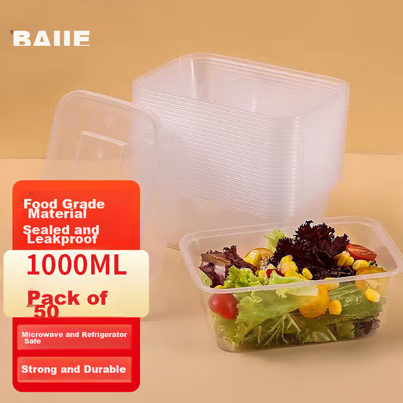 Baijie Disposable Square Takeout Food Packaging Box Fast Food Plastic Container Fresh-keeping Box 1000ml (Pack of 50)