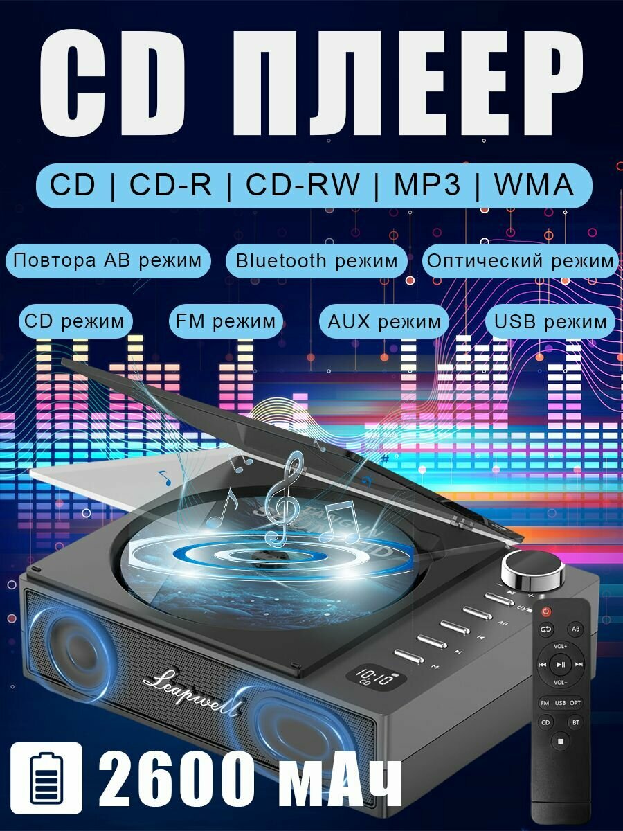 Портативный CD проигрыватель плеер с пультом управления Радио, CD, USB, MP3, FM, Bluetooth, оптический режим, AUX