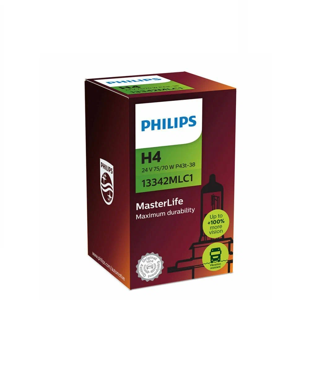 Лампа автомобильная PHILIPS MasterLife P-13342ML H4, 75/70 Вт, P43t-38, 24V