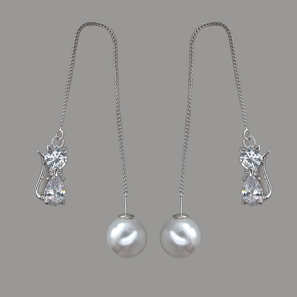 Серьги цепочки, фианит, жемчуг имитация, циркон