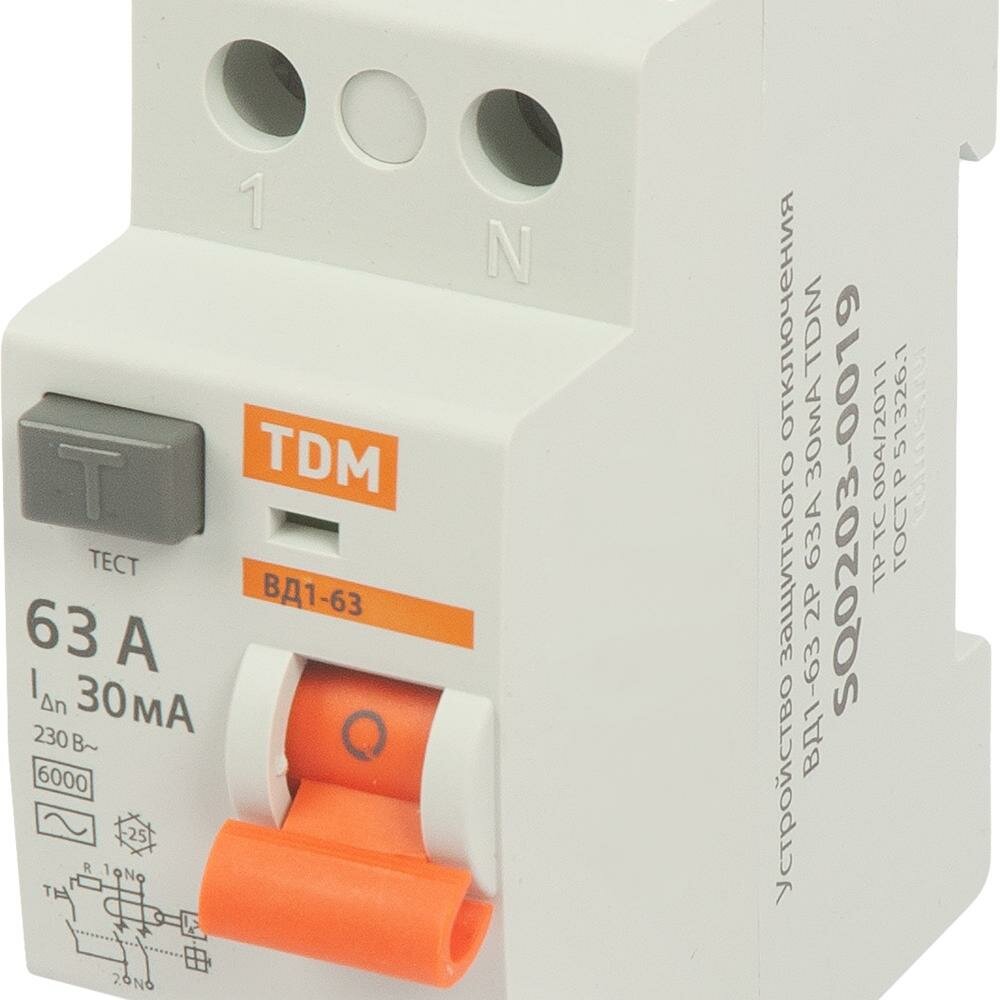 УЗО Tdm Electric ВД1-63 2P 63 A 30 мА 4.5 кА AC SQ0203-0080