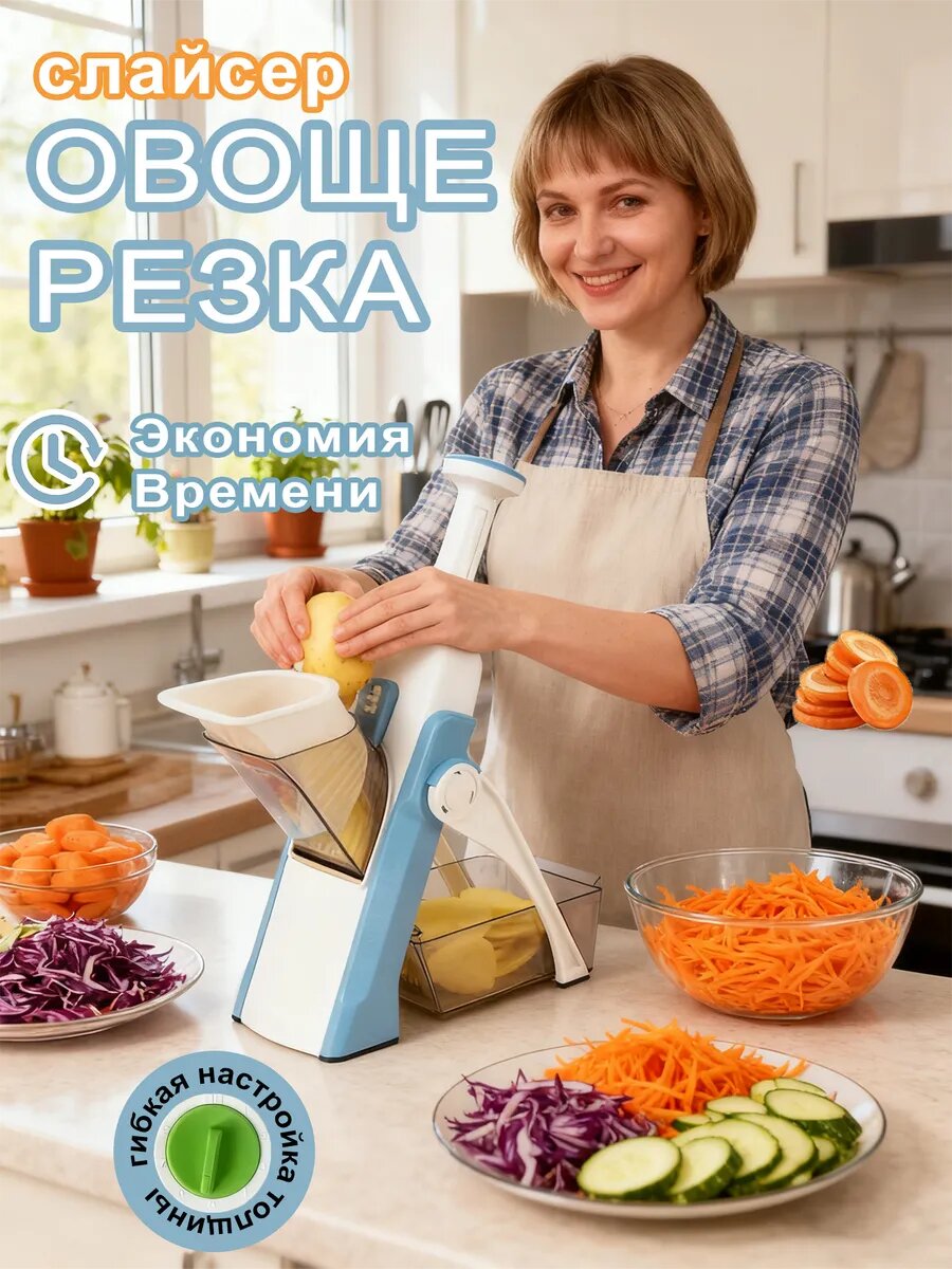 Овощерезка, многофункциональная, с контейнером, для дома, 蓝色, ручная, пластик