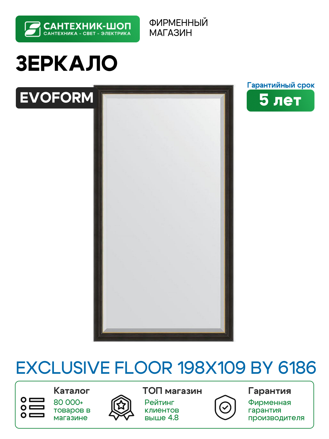 Зеркало Evoform Exclusive Floor 198х109 BY 6186 с фацетом в багетной раме - Черное дерево с золотом 71 мм стекло