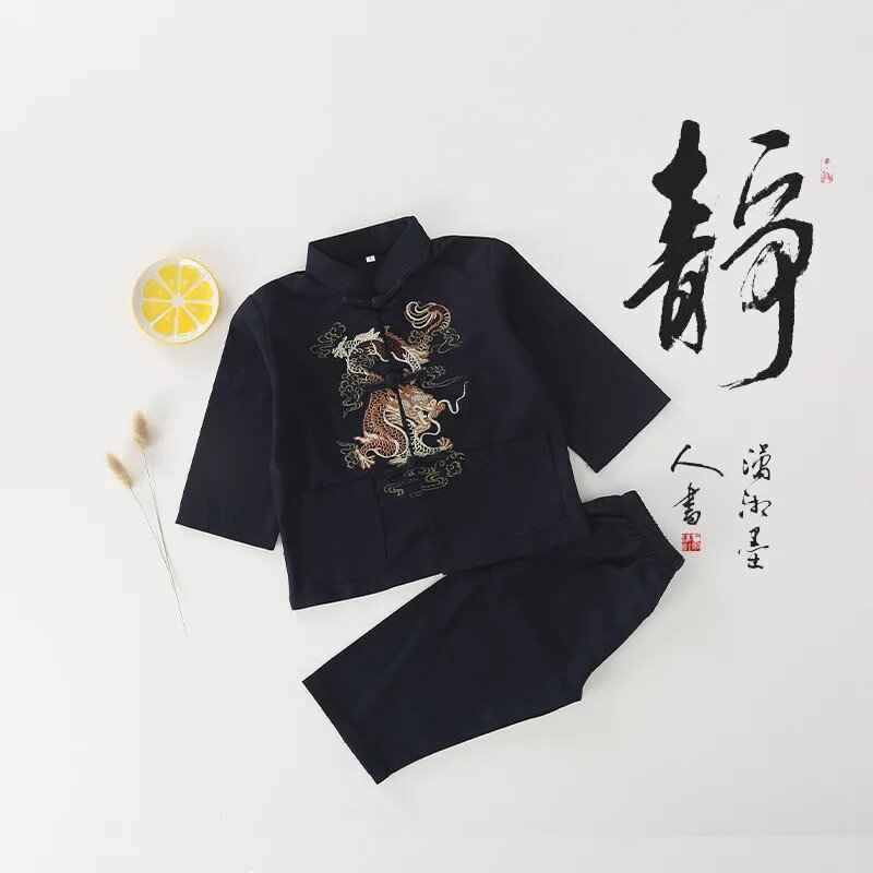 Детский хлопковый костюм в китайском стиле с вышивкой дракона 90cm, Синий, Navy blue