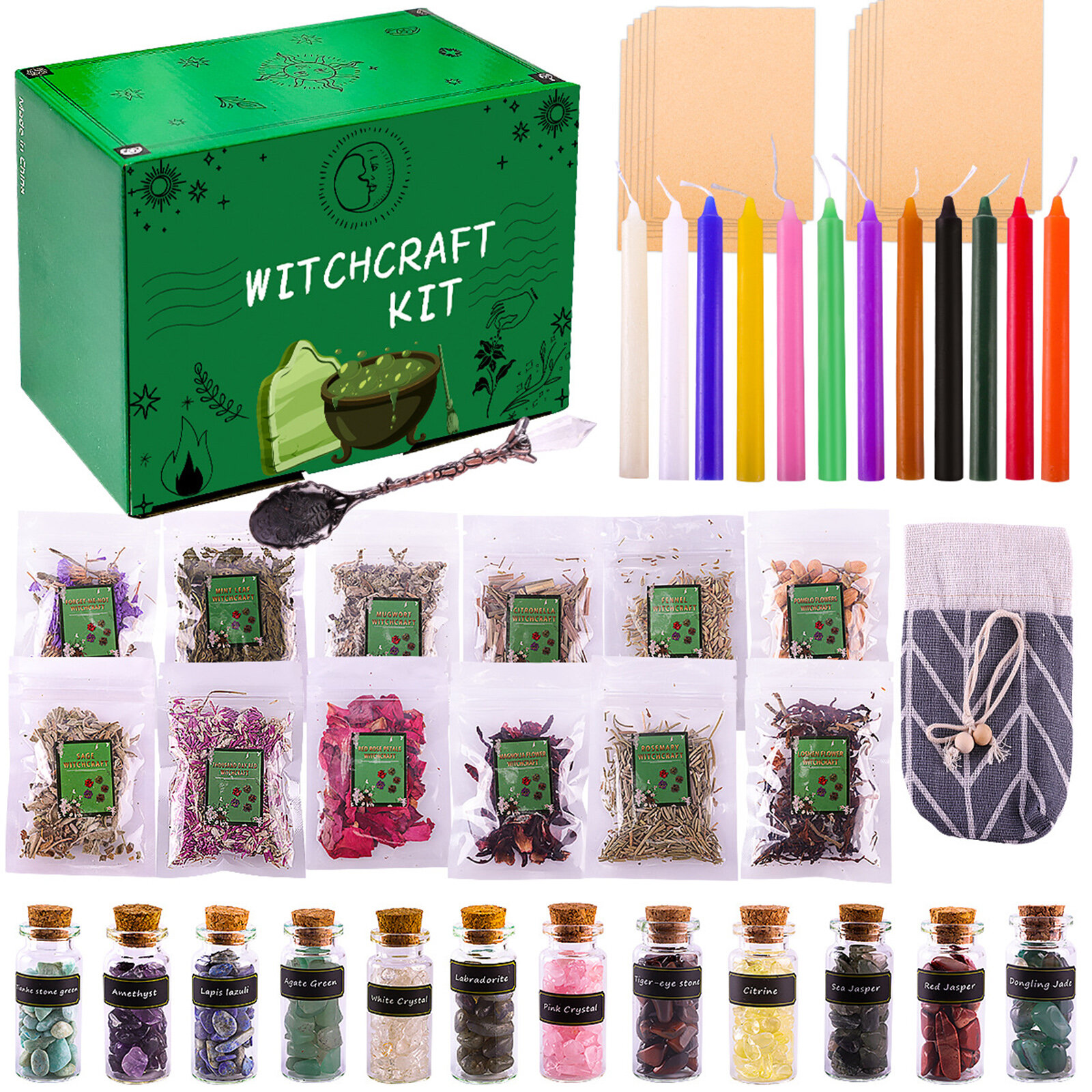Witchcraft Kit: 12 Colored Candles, 12 Bags of Dried Herbs, 12 Crystals Bottles, 12 Paper, 1 Spoon, 1 Bag, Gift Box Packaging, Package Size 19.2*13.5*10.5cm, Package Weight 600g для Beginners Wiccan Spells