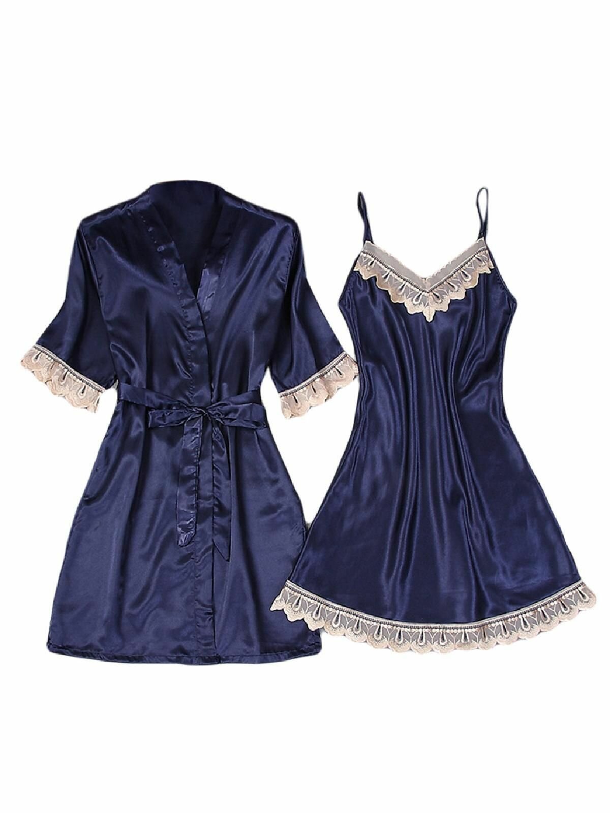 Женский шелковый кимоно-халат из кружева и лоскутной ткани, Синий - M