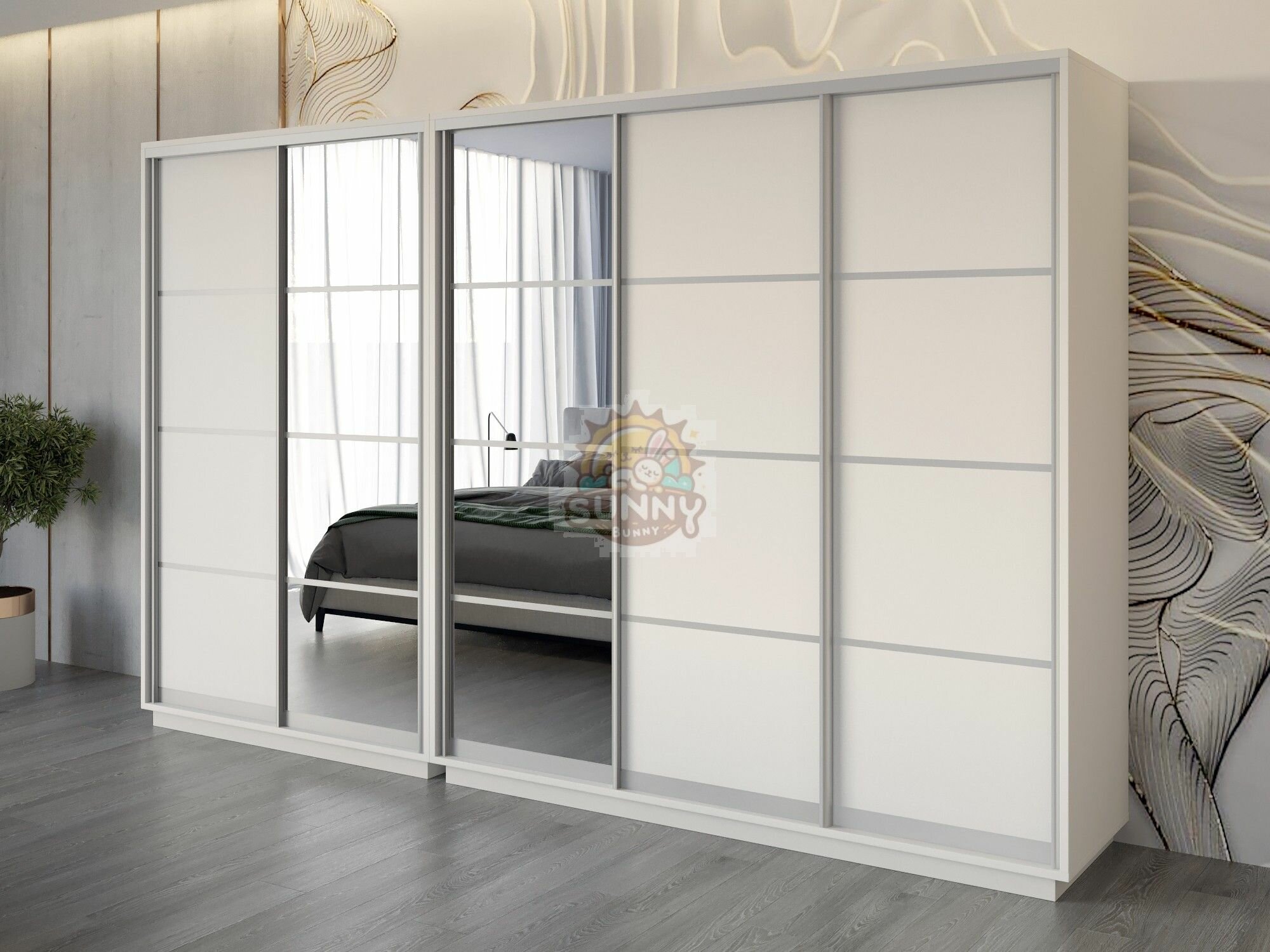 Шкаф-купе Флорида 5дв. (2+3) ЛДСП 3/Зеркало 2, профиль серебро, 300х60х220 см. Белый снег