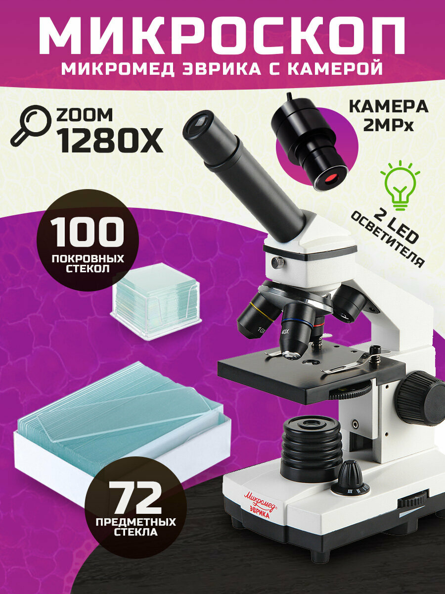 Микроскоп Микромед "Эврика" 40x-1280x, с видеоокуляром, в кейсе и набором предметных и покровных стекл