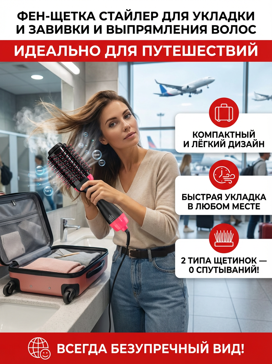 Фен-щетка для волос 3 в 1, Термощетка, Выпрямитель для волос, Стайлер, Расческа