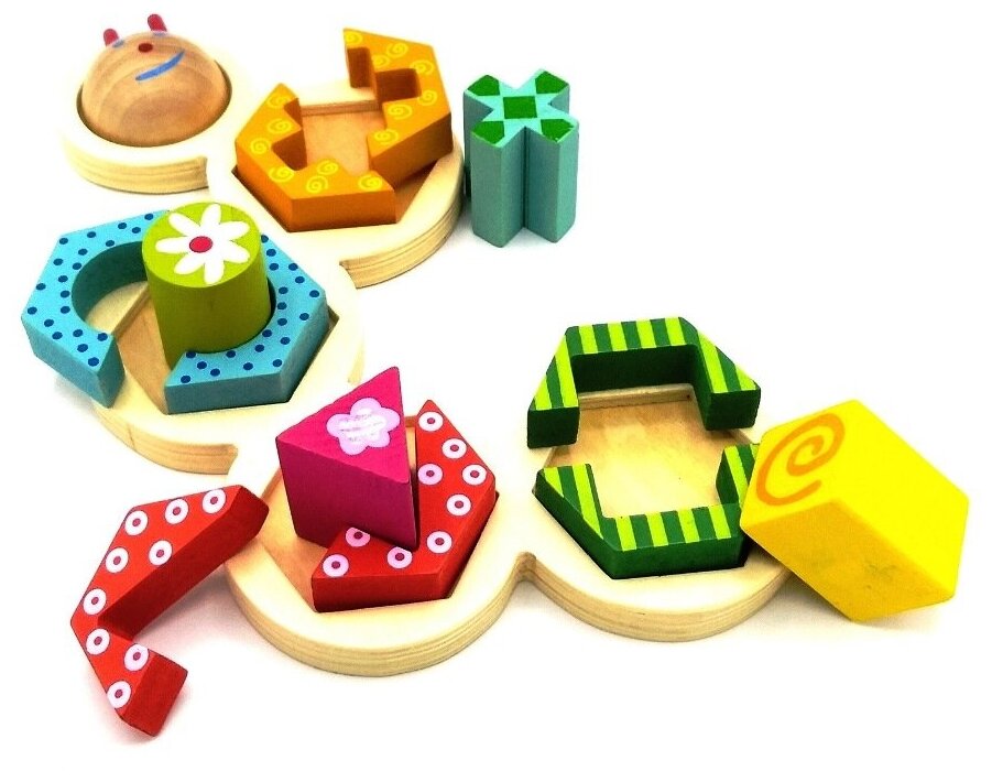 Деревянная развивающая игрушка Сортер "Гусеничка" геометрические фигуры и подарок марионетка "Жираф"