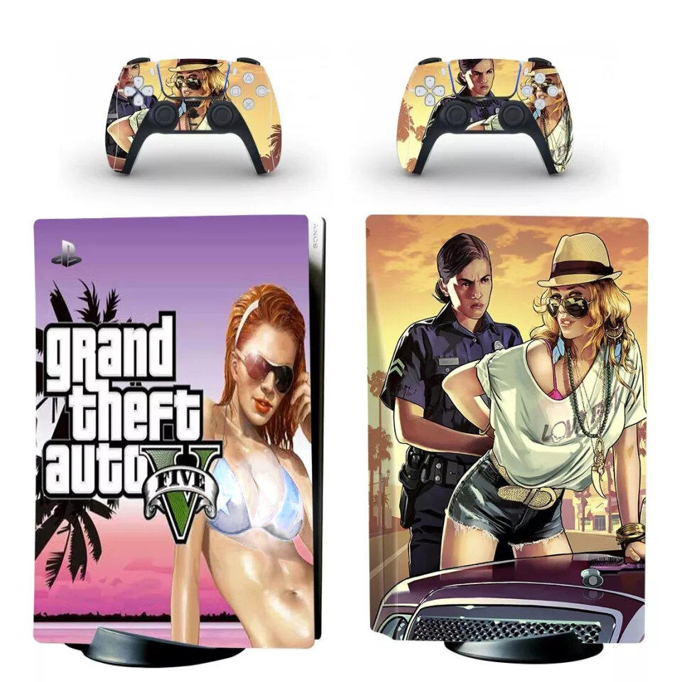 Наклейка защитная на игровую консоль Sony PlayStation 5 Disc Edition GTA V полный комплект геймпады