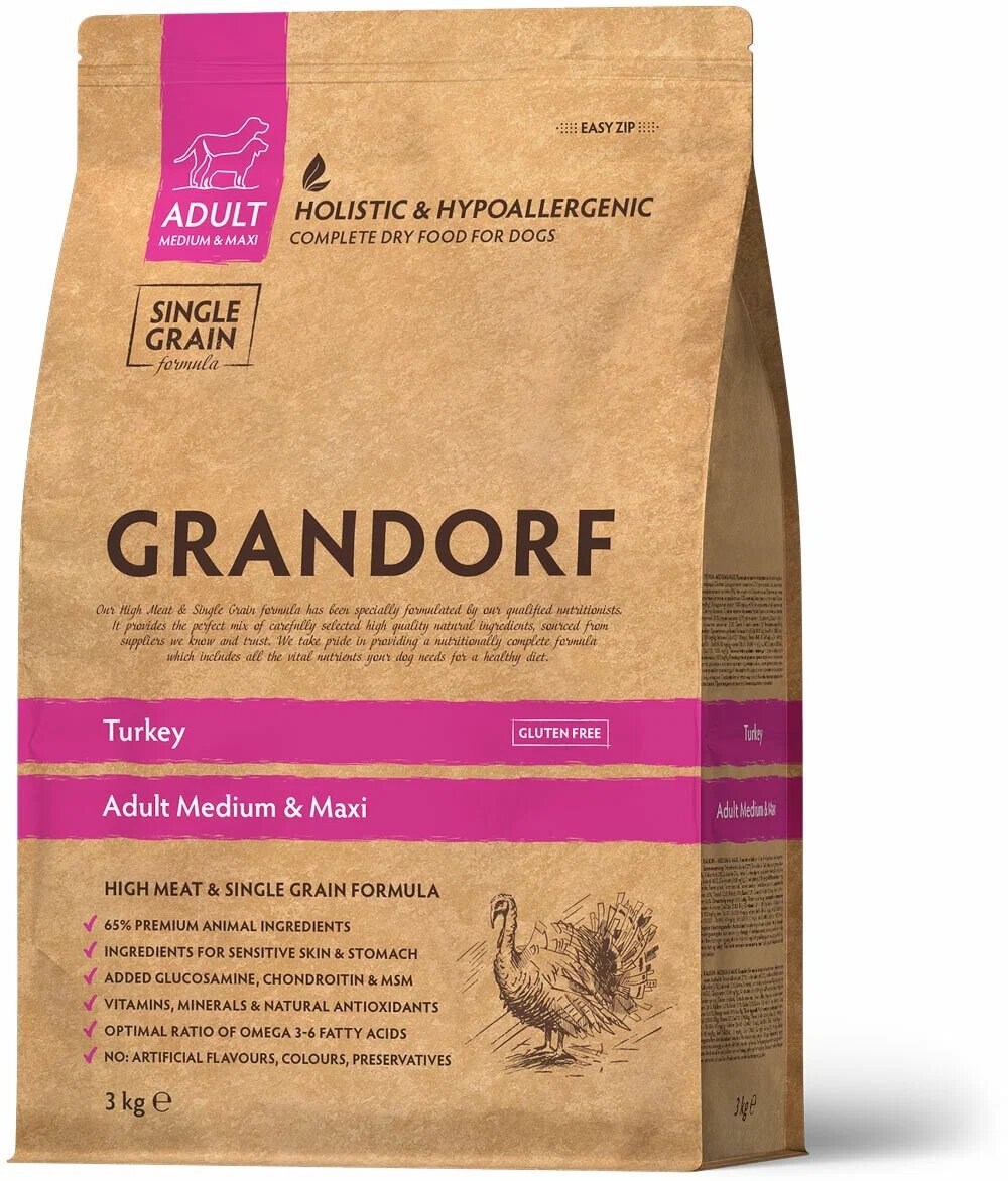 Сухой корм Grandorf Индейка 10 кг. Для собак средних и крупных пород от 1 года. Низкозерновой, холистик.