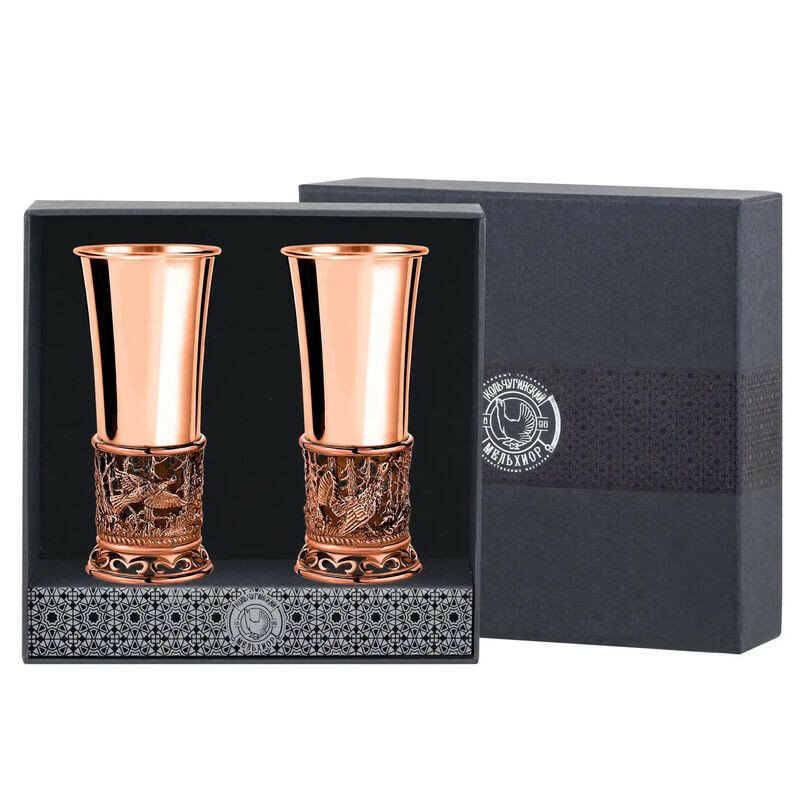 Кольчугинский мельхиор Набор стопок "Глухари" медный с чернью 2 предмета (КМ11010206)