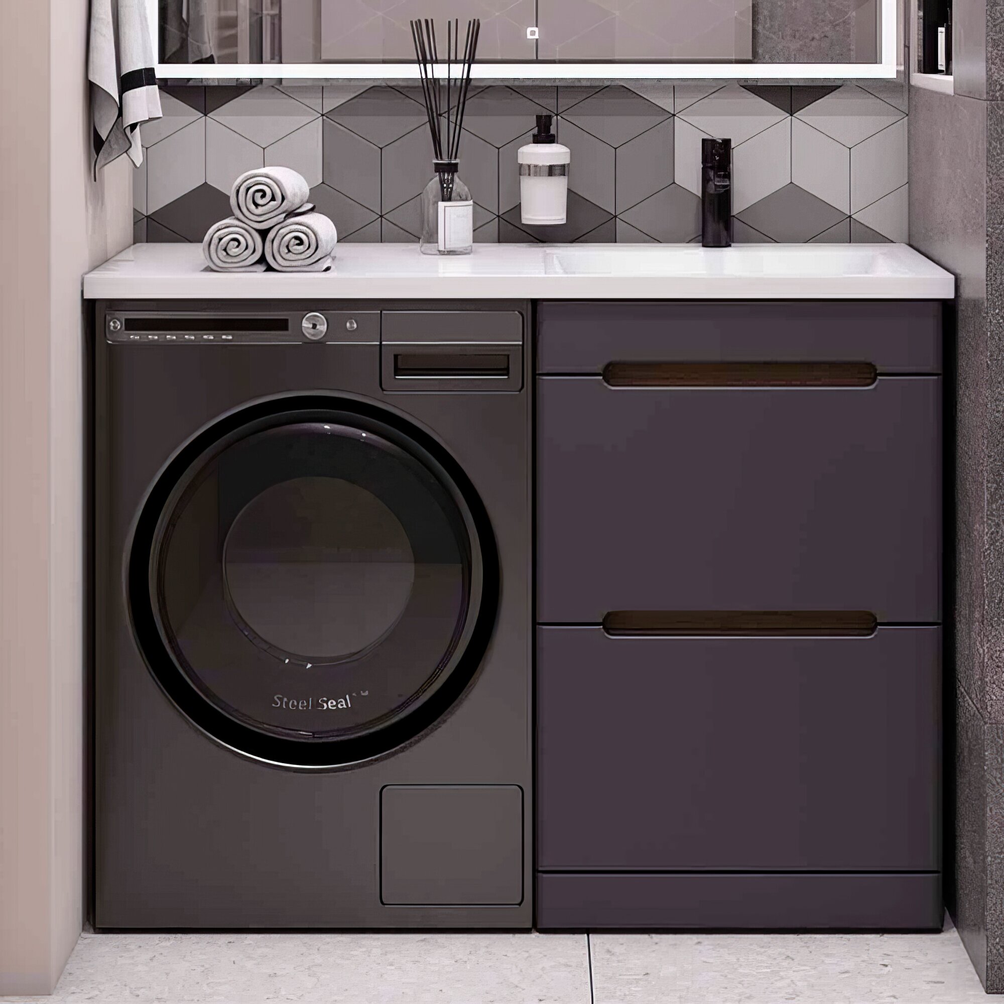 Тумба напольная SanStar Darko 50 с раковиной Даллас 110 правый (комплект) для ванной комнаты Дуб вотан, графит софт