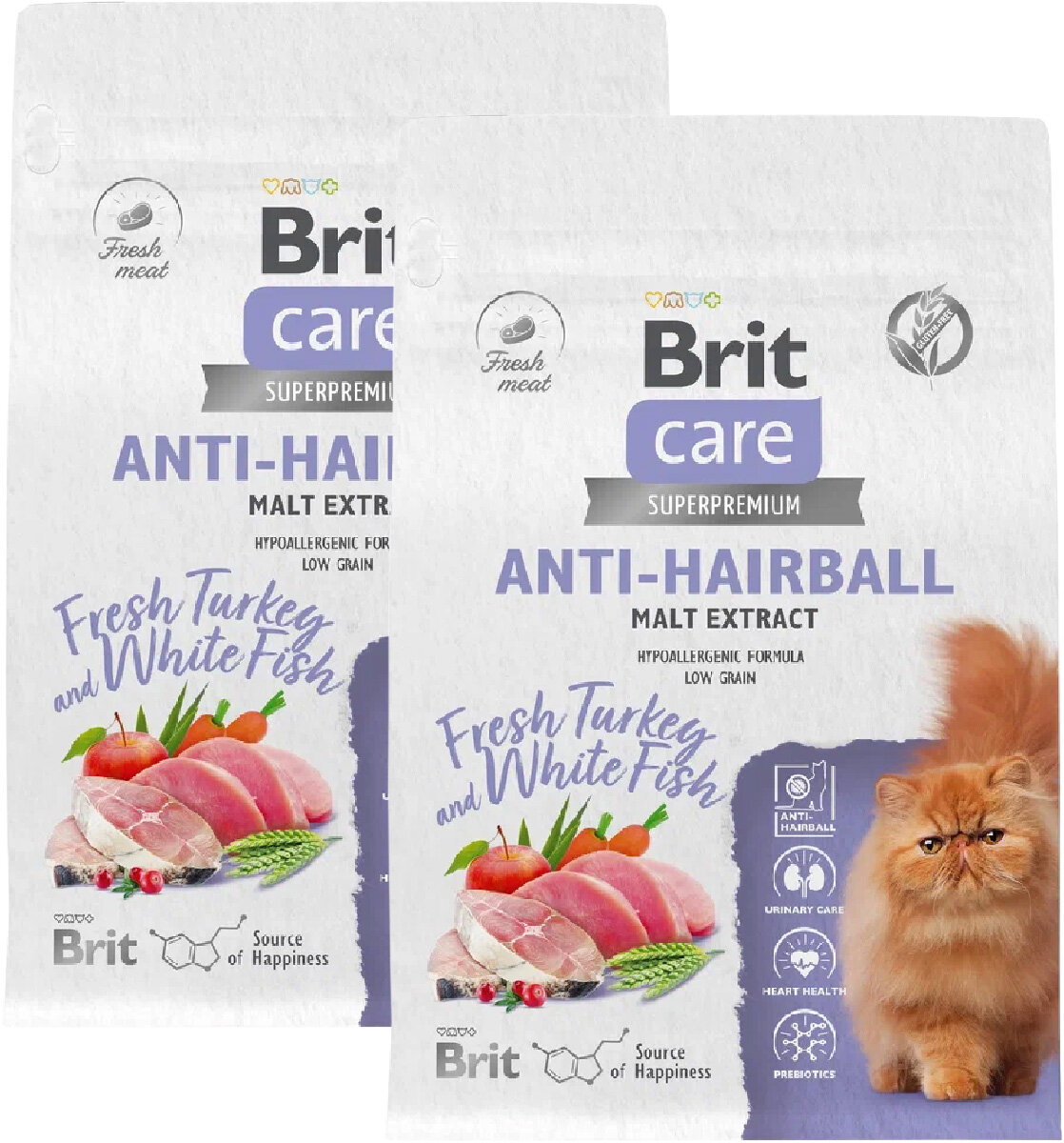 BRIT CARE CAT ANTI-HAIRBALL для взрослых кошек для вывода шерсти с белой рыбой и индейкой (1,5 + 1,5 кг)
