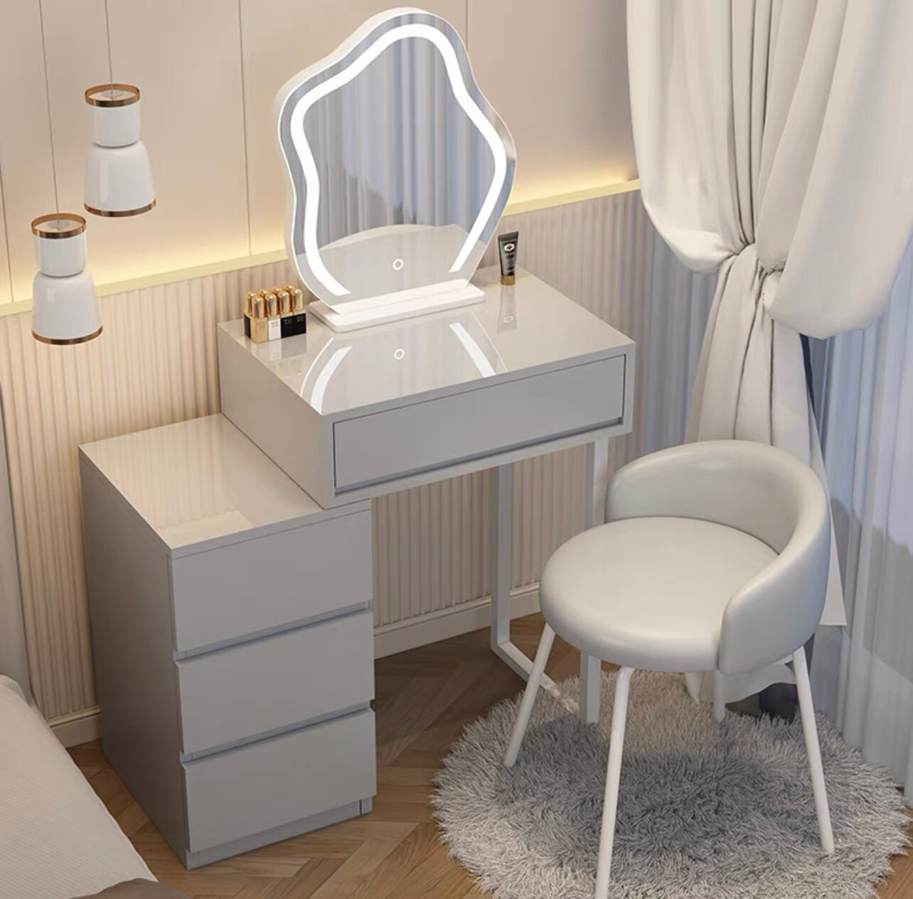 Туалетный столик Jeremiah (Стол с тумбой 50см + зеркало с подсветкой + стул / цвет серый)