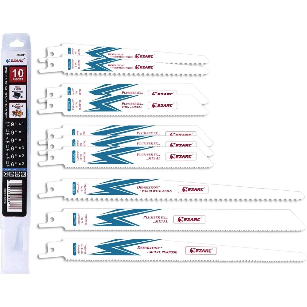Кобальтовые полотна по древесине с гвоздями, металлу и дереву 150-225 мм, 10 шт, для сабельной пилы Ezarc, полотен