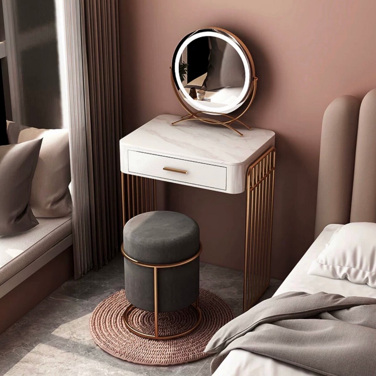 Туалетный столик Orly (Стол 65см / столешница керамическая + зеркало с подсветкой + серый пуф)