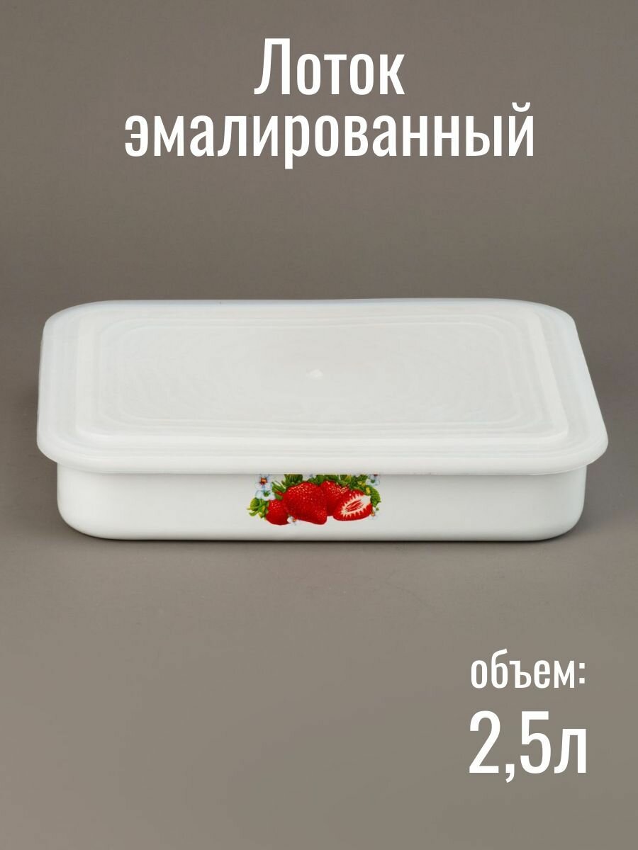 Лоток эмалированный 2,5л с рисунком, для холодца, емкость для заливного Сочная клубника