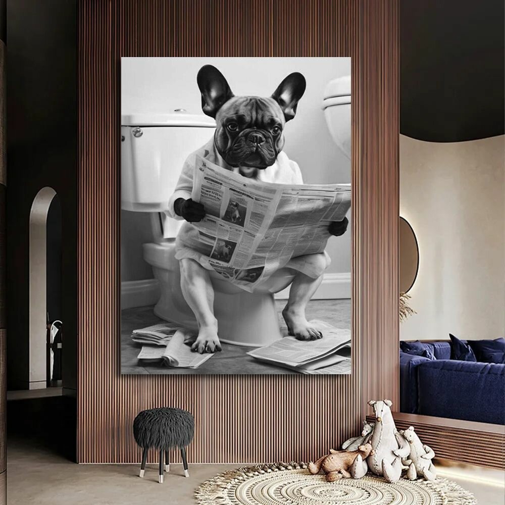 Картина в туалет, собака на унитазе, Французкий бульдог читает газету