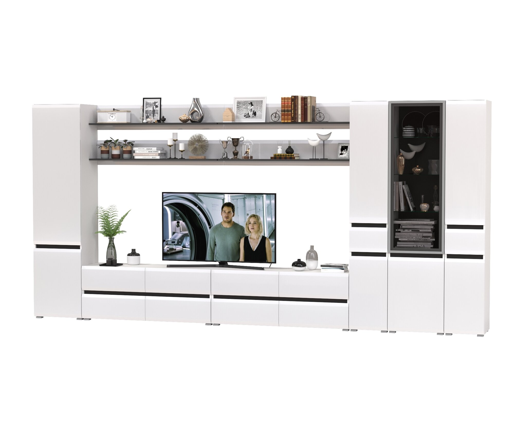 Мебель в гостиную корпусная Моби Сидней № 119, цвет белый/чёрный/МДФ белый глянец, 429,8х41,3х205,2 см.