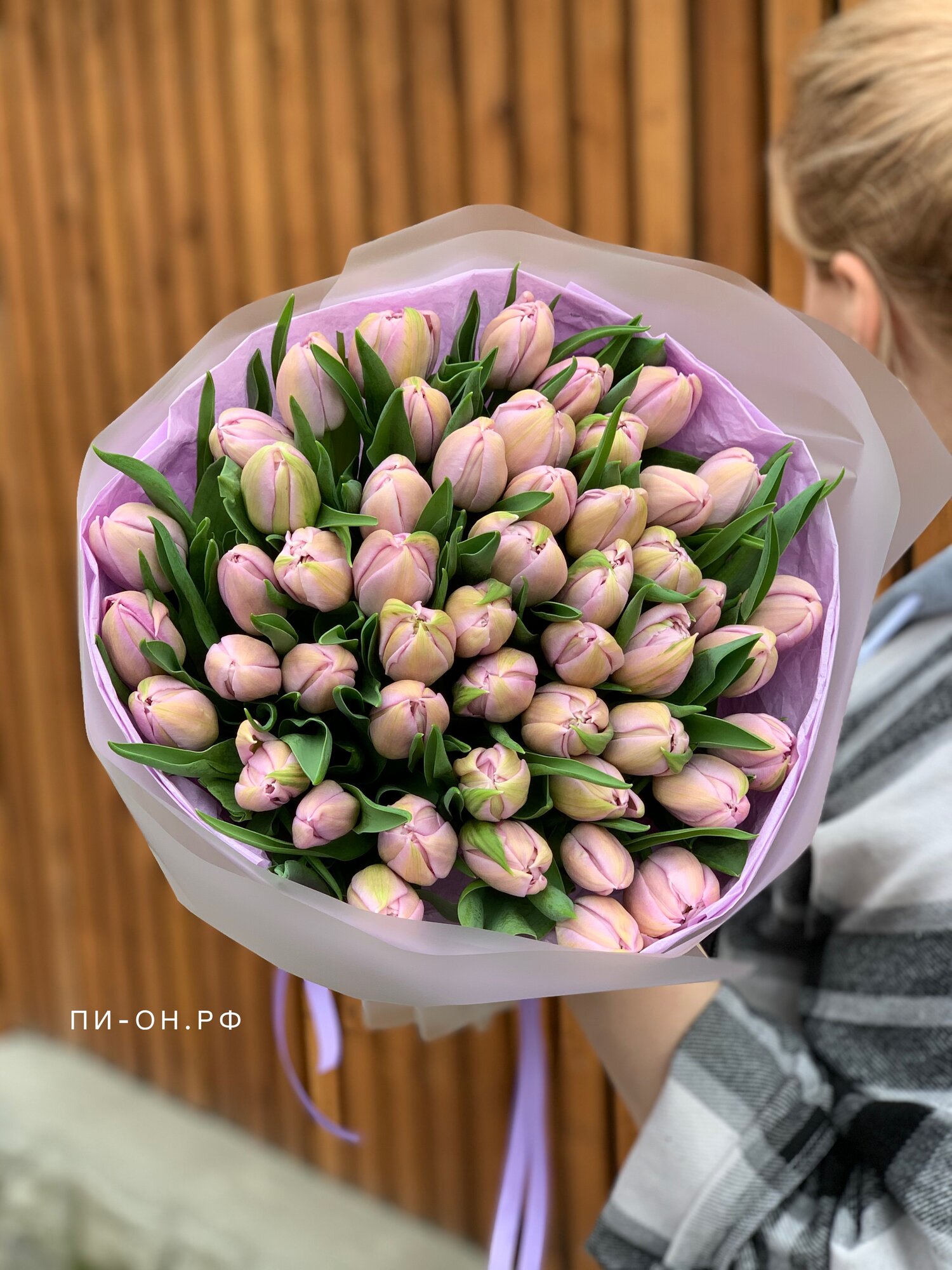 Нежный букет живых цветов из ароматных тюльпанов, цвет сиреневый, светлый, 51 шт, тюльпаны сиреневые