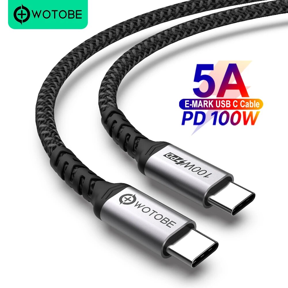 Кабель WOTOBE USB-C, 2 м, 5 А, E-MARK, PD100W, для PD 25 Вт, 45 Вт, 65 Вт, 87 Вт, 96 Вт, для ноутбуков S10, S20, Note10/20, PPS, 45 Вт, адаптер питания Type-c 2 м, 100W Cable