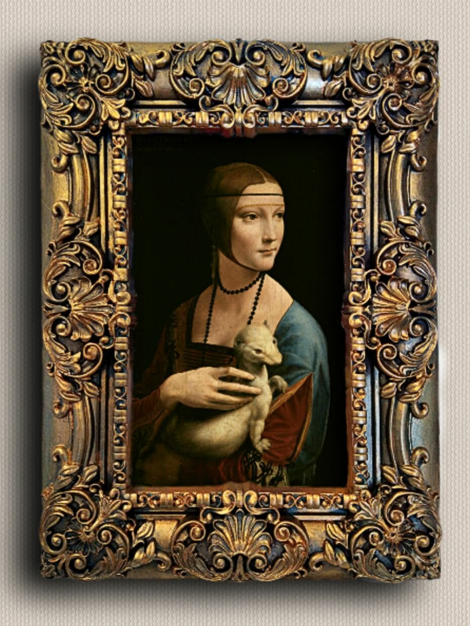 Картина "Дама с горностаем". Портрет. Леонардо да Винчи. В гипсовой раме ручной работы. Репродукция. Принт