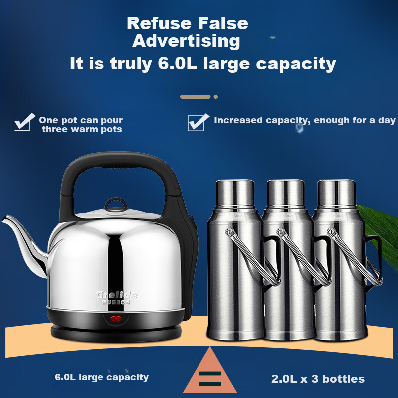 Grelide Electric Kettle Household Hot Water Kettle Thickened 304 Stainless Steel Electric Kettle Ultra Large Capacity 6L Electric Water Kettle Water Heater Automatic Power-off 160S