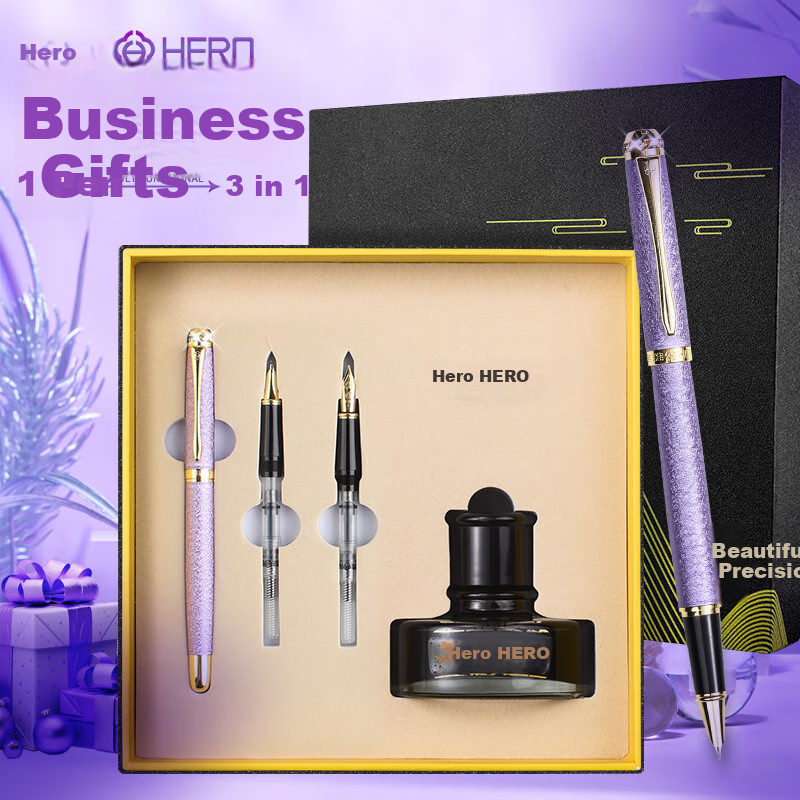 【Spring Festival Gift】HERO 1520 Velvet Sand Colorful Iridium Gold Fountain Pen / Extra Fine Fountain Pen / Art Pen Three-in-One Men and Women's Office Gift Ink Gift Box Purple